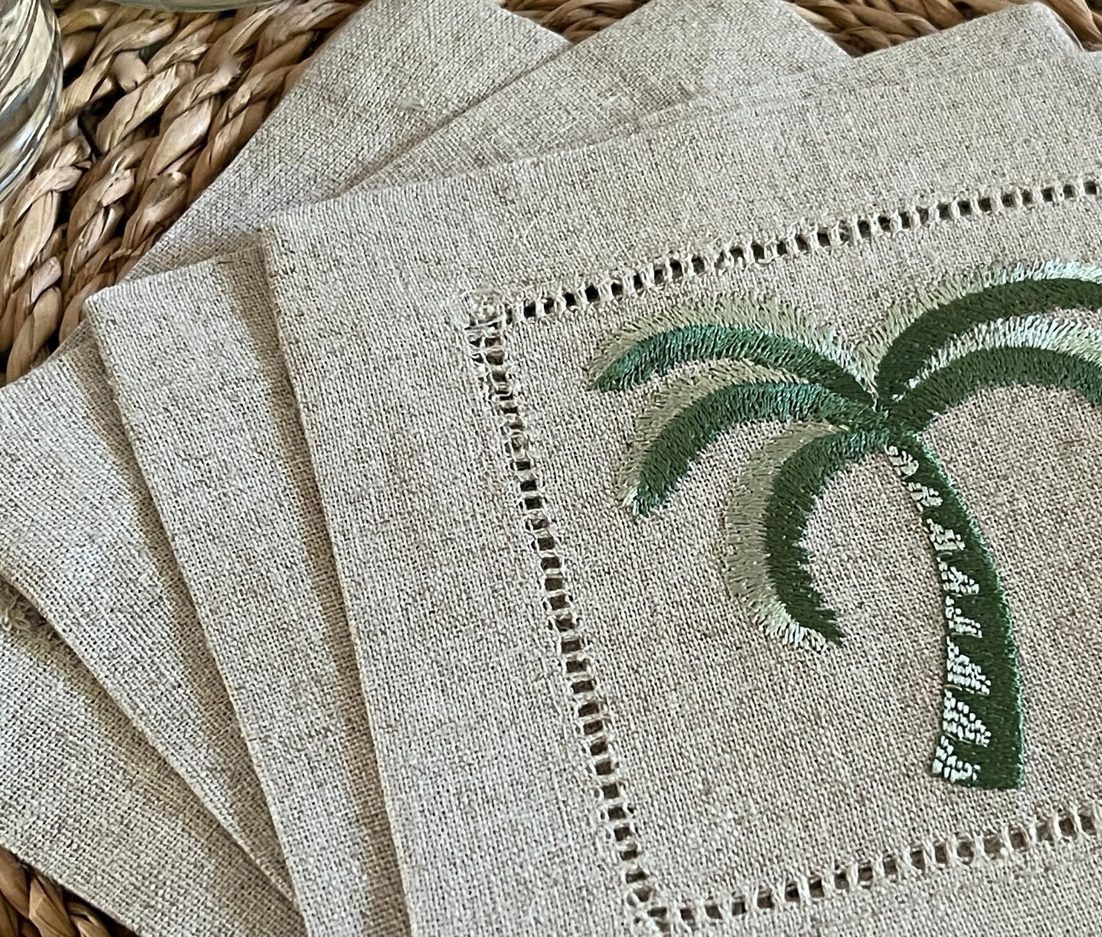Palm Tree Natural Linen Cocktail Napkins-embroidered - Etsy