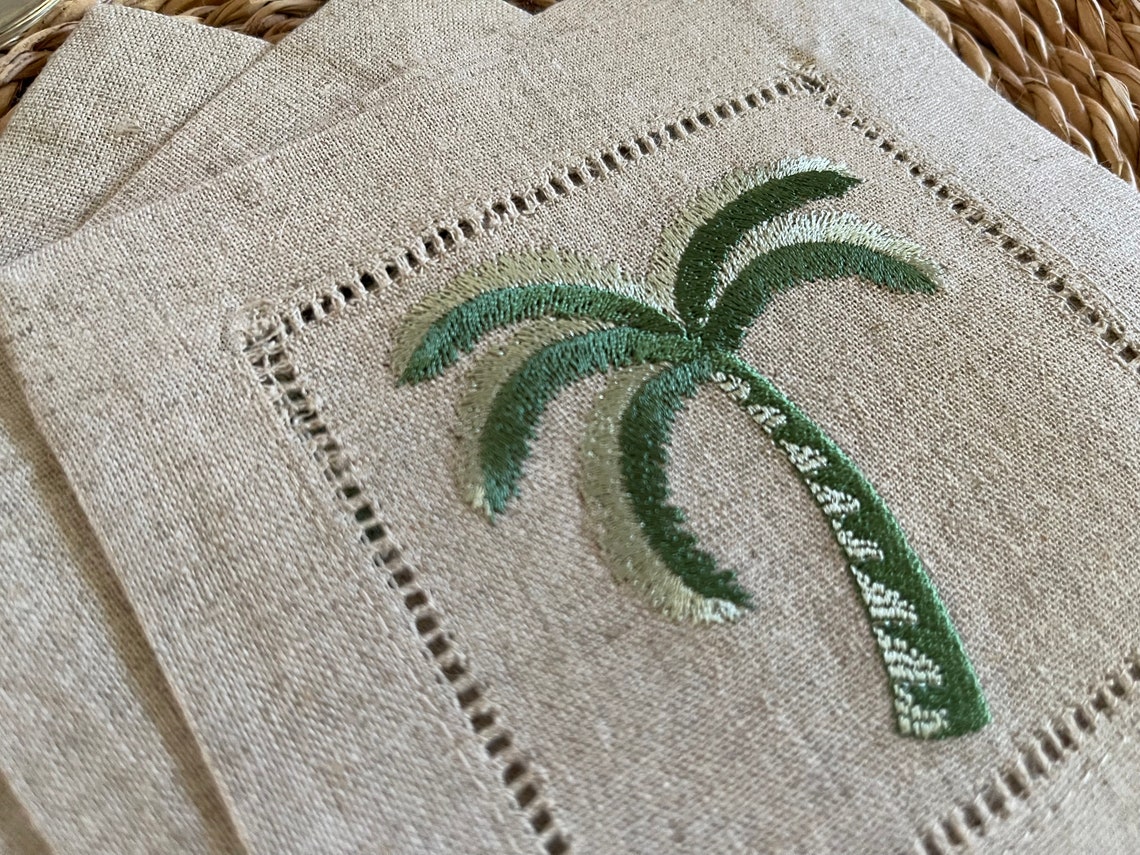 Palm Tree Natural Linen Cocktail Napkins-embroidered - Etsy