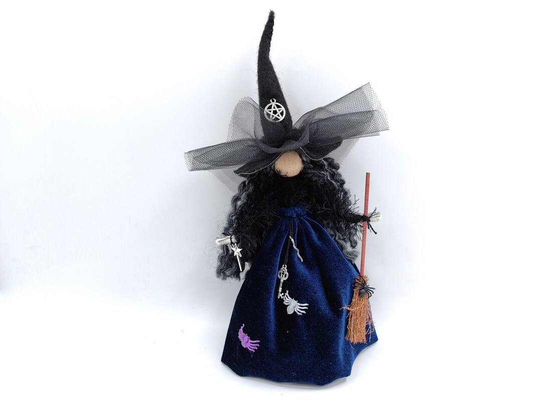 Good Luck Kitchen Witch Doll Spiders Broom Pentagram, Key in Blue ...