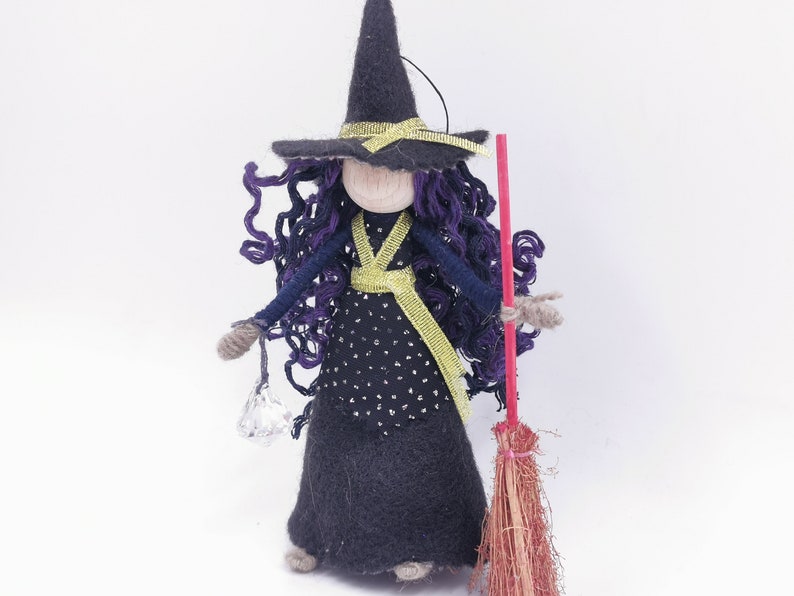 Fairy Witch Figurine, Felt Black Curly Hair Mini Girl, Kitchen Witch ...