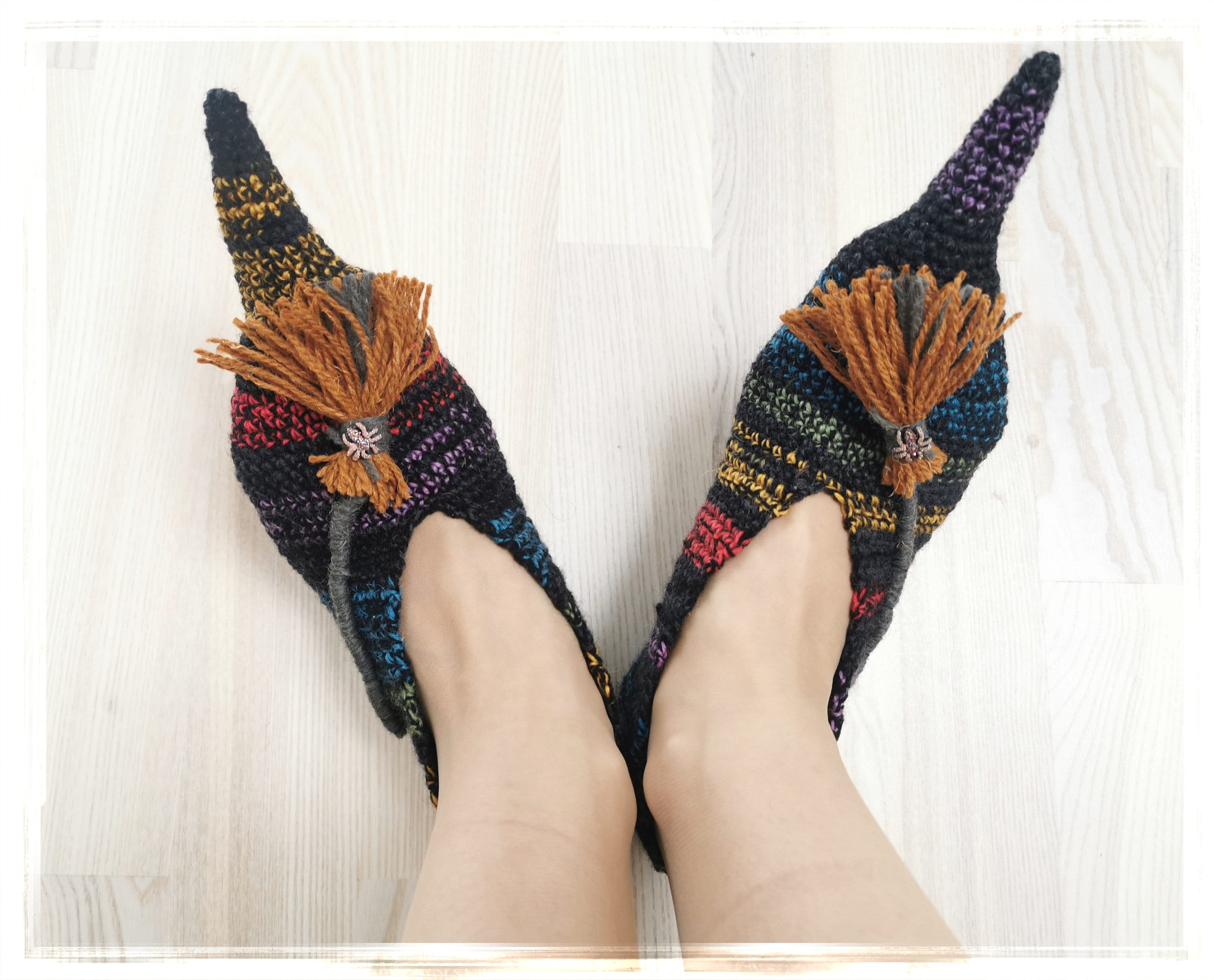 Witches Slippers With Broom Women Leg Warmers Hand Knit Witch Mules ...