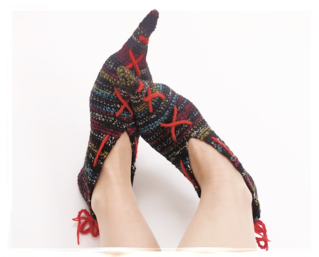 Witch Slippers With Red Laces – Knit Cotton Pointed Toe Flats – Fairy ...