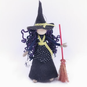 Fairy Witch Figurine, Felt Black Curly Hair Mini Girl, Kitchen Witch ...
