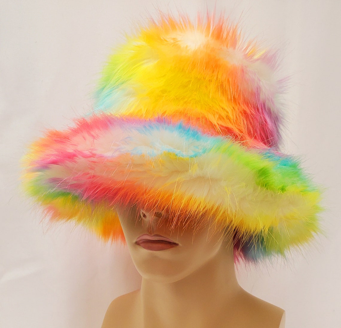 Sorbet Rainbow Wave Faux Fur Bucket Hat / Floppy Hat / Festival Hat ...