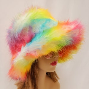 Sorbet Rainbow Wave Faux Fur Bucket Hat / Floppy Hat / Festival Hat ...