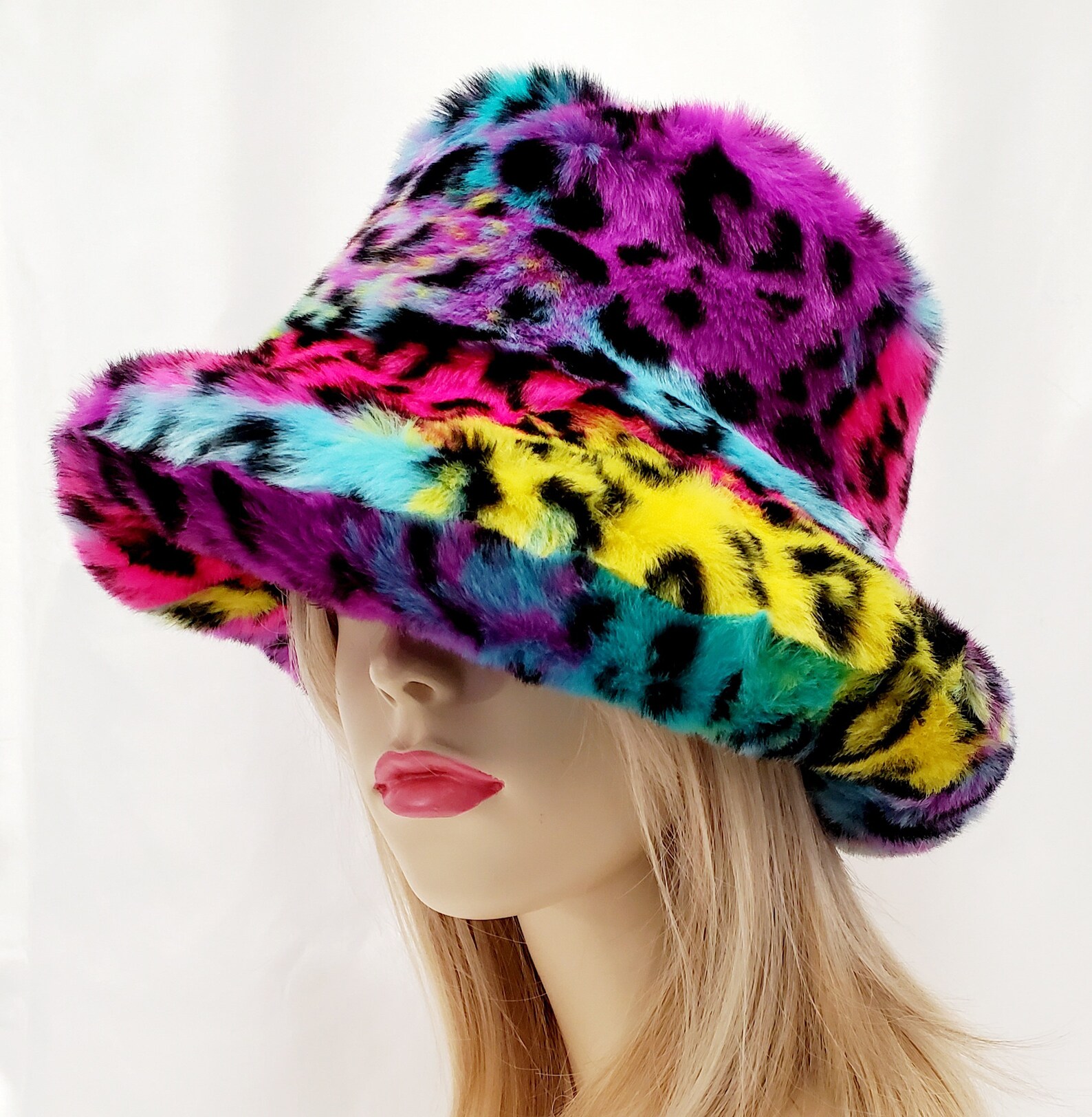 Neon Rainbow Leopard Faux Fur Bucket Hat / Floppy Hat / Festival Hat ...