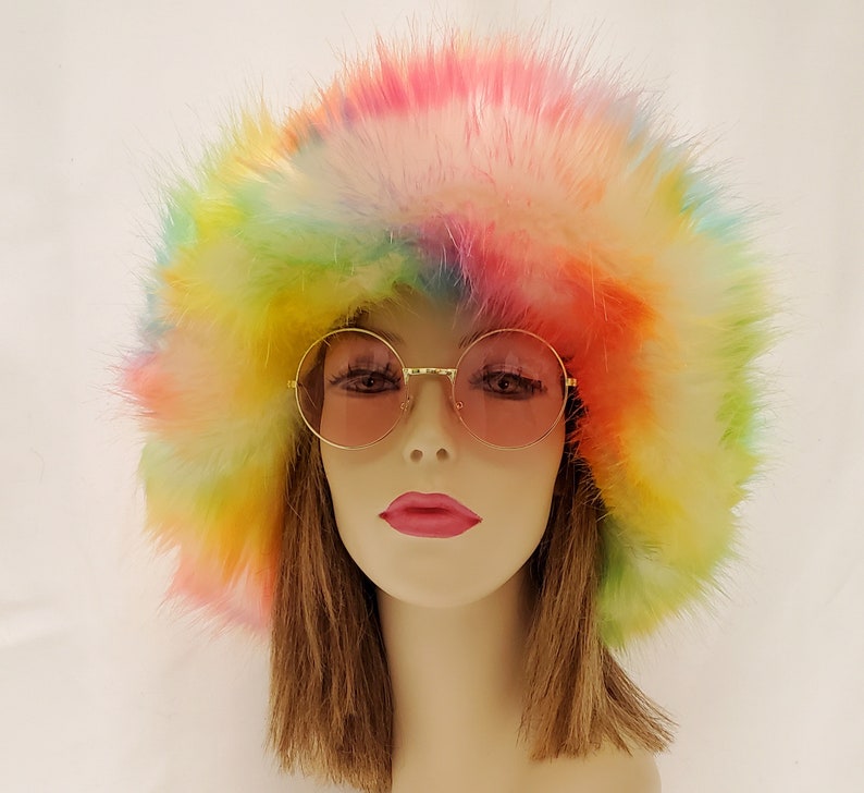 Sorbet Rainbow Wave Faux Fur Bucket Hat / Floppy Hat / Festival Hat ...