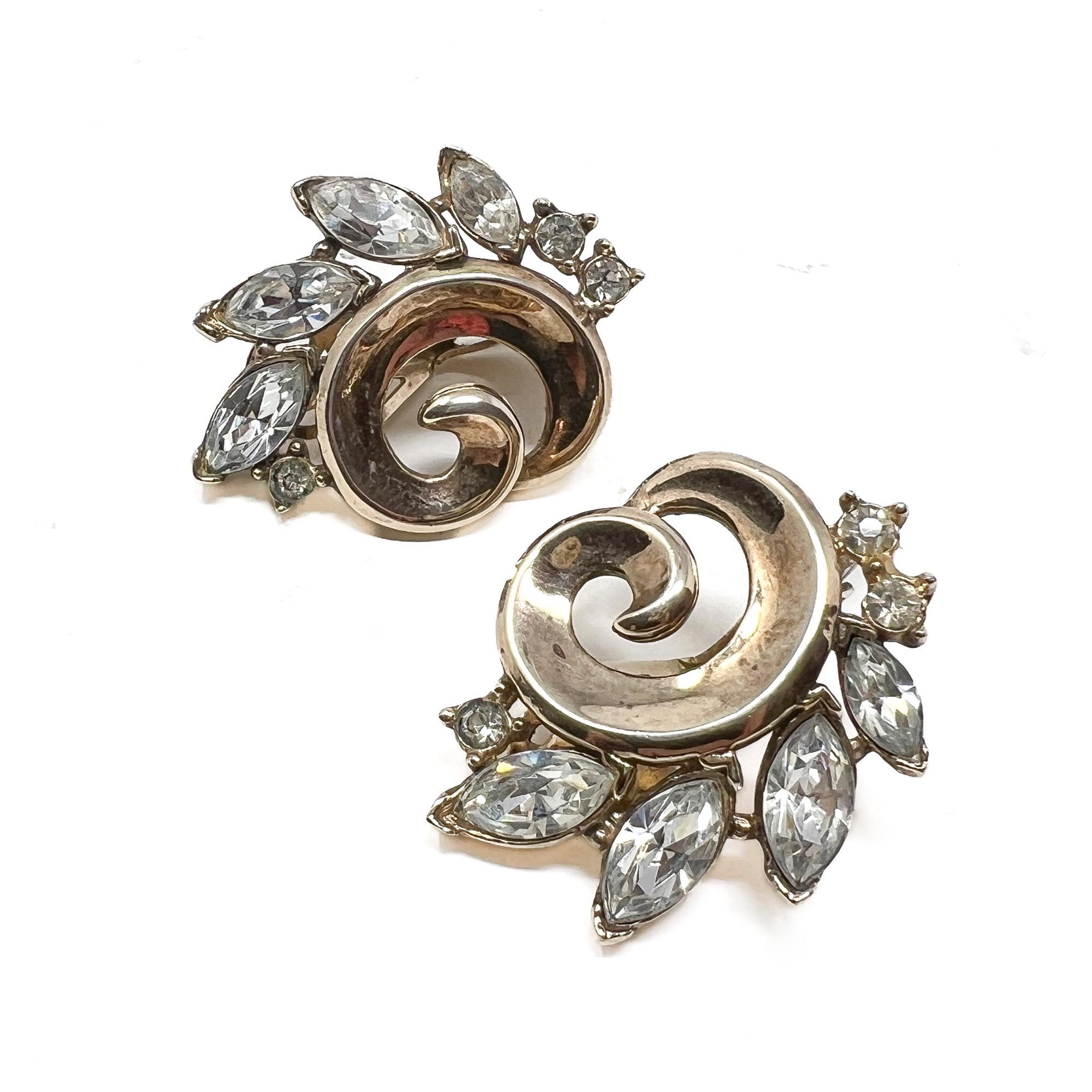 Trifari 1940s Earrings Vintage Gold Plate and Rhinestones Swirl Design ...