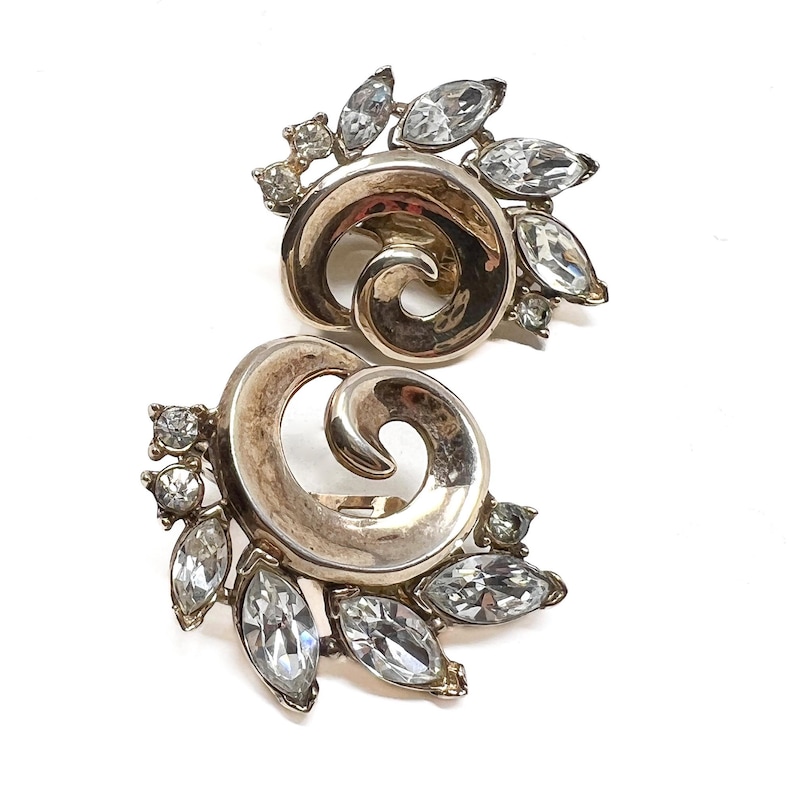 Trifari 1940s Earrings Vintage Gold Plate and Rhinestones Swirl Design ...