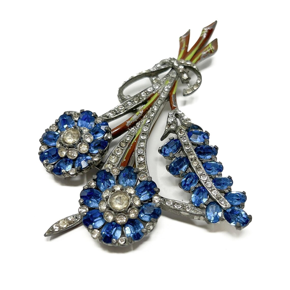 Vintage 1940s Brooch Blue Glass and Enamel Statement Floral Posy Pin - Etsy