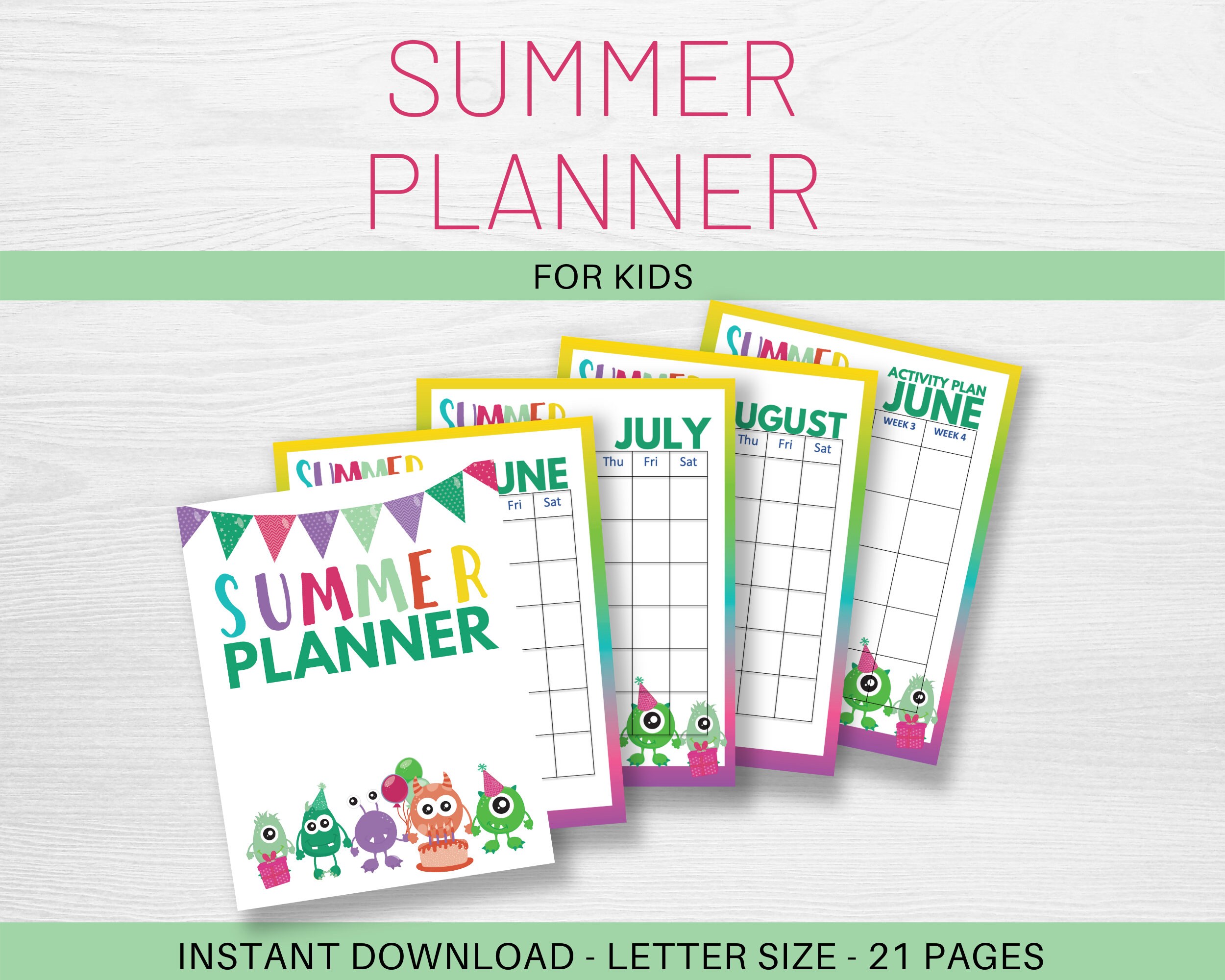 Summer Planner for Kids, Printable Summer Calendar, Summer Checklist ...