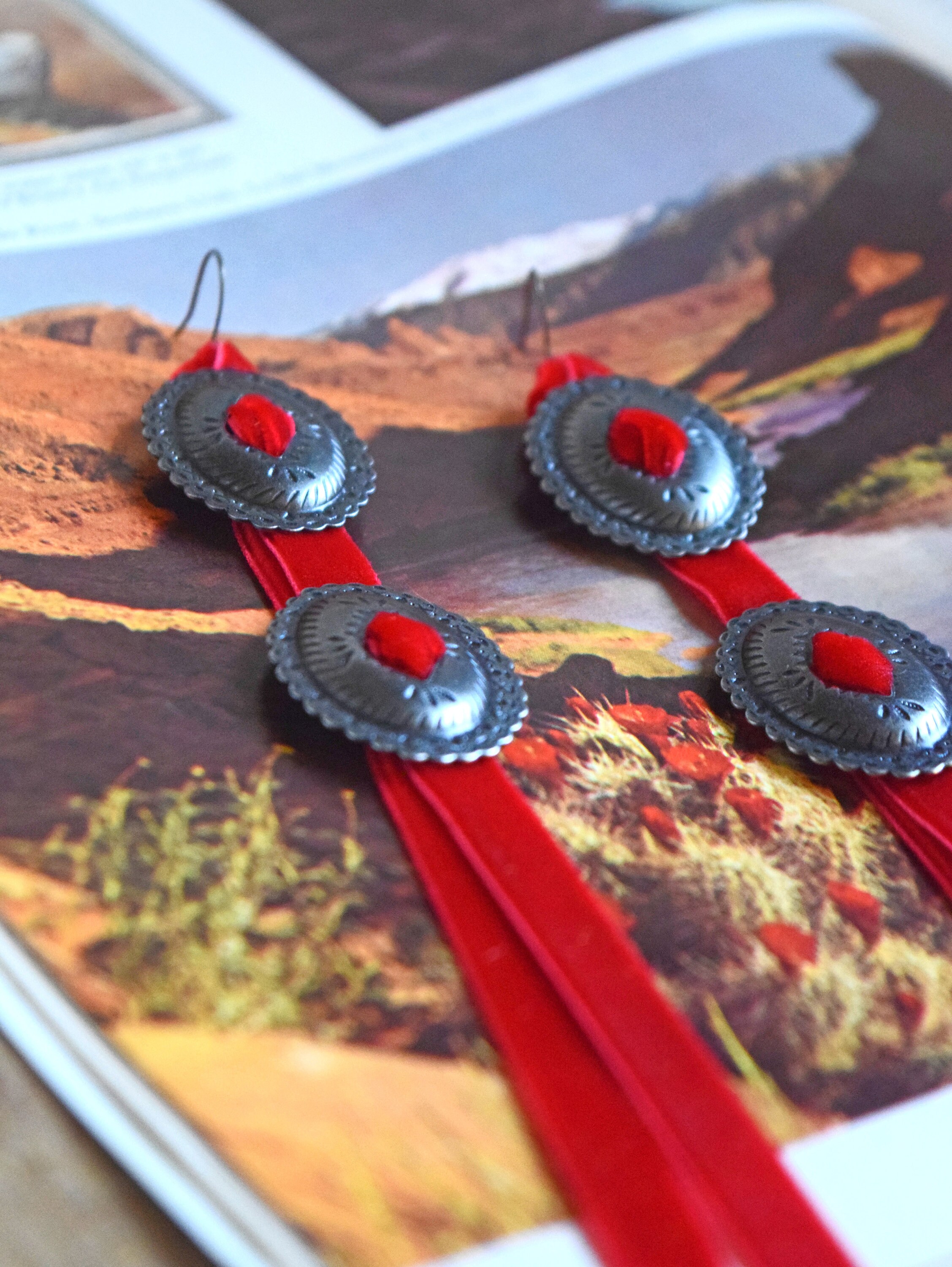 Cherry Red Velvet Antique Concho Earrings, Red Western Concho Earrings ...