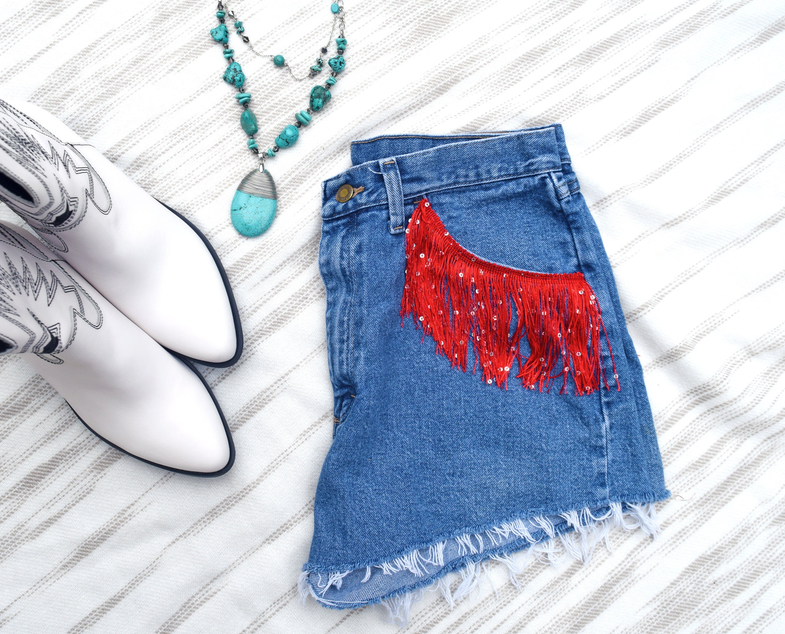 Wrangler Red Fringe Western Shorts, Cut off Western Shorts, Denim Cut ...
