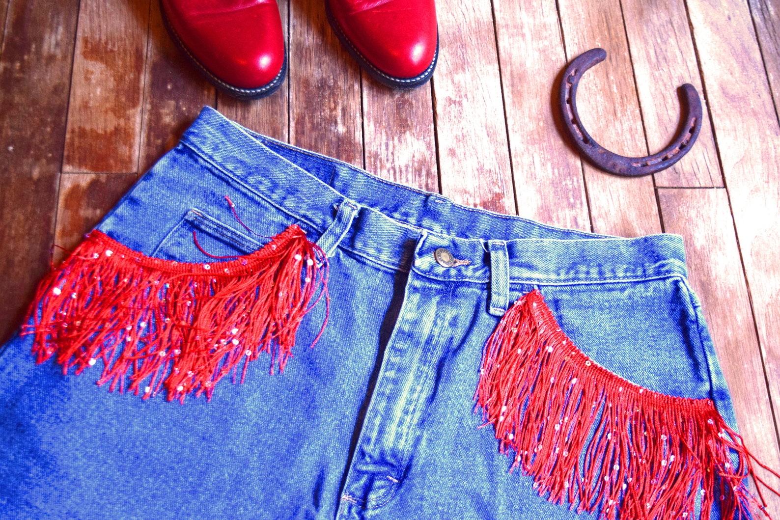 Wrangler Red Fringe Western Shorts, Cut off Western Shorts, Denim Cut ...
