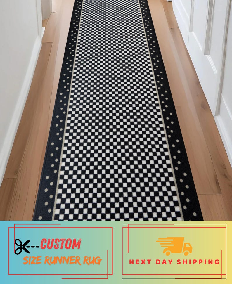 Custom Size Checkered Runner Rug: Black, White & Grey, Skid Resistant ...