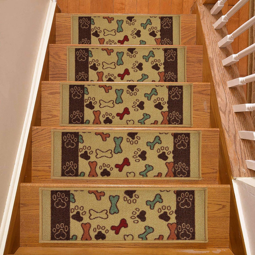 Machine Washable Stair Tread Pet Paw and Bone Beige Animal Skid ...