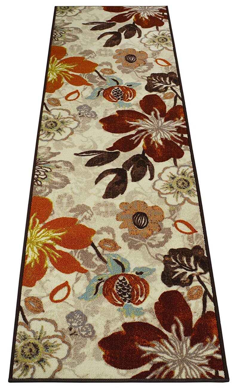 Machine Washable Floral Runner Rug: Cream Big Flower, Skid Resistant ...