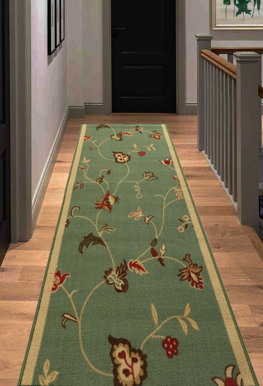 Machine Washable Custom Size Runner Rug Floral Scroll Teal Blue Skid ...