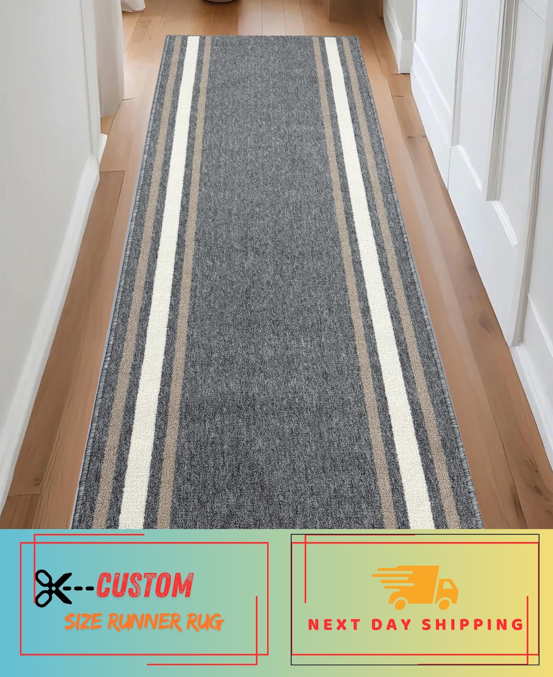 Machine Washable Grey Runner Rug: Solid Border, Slip Resistant, Custom ...
