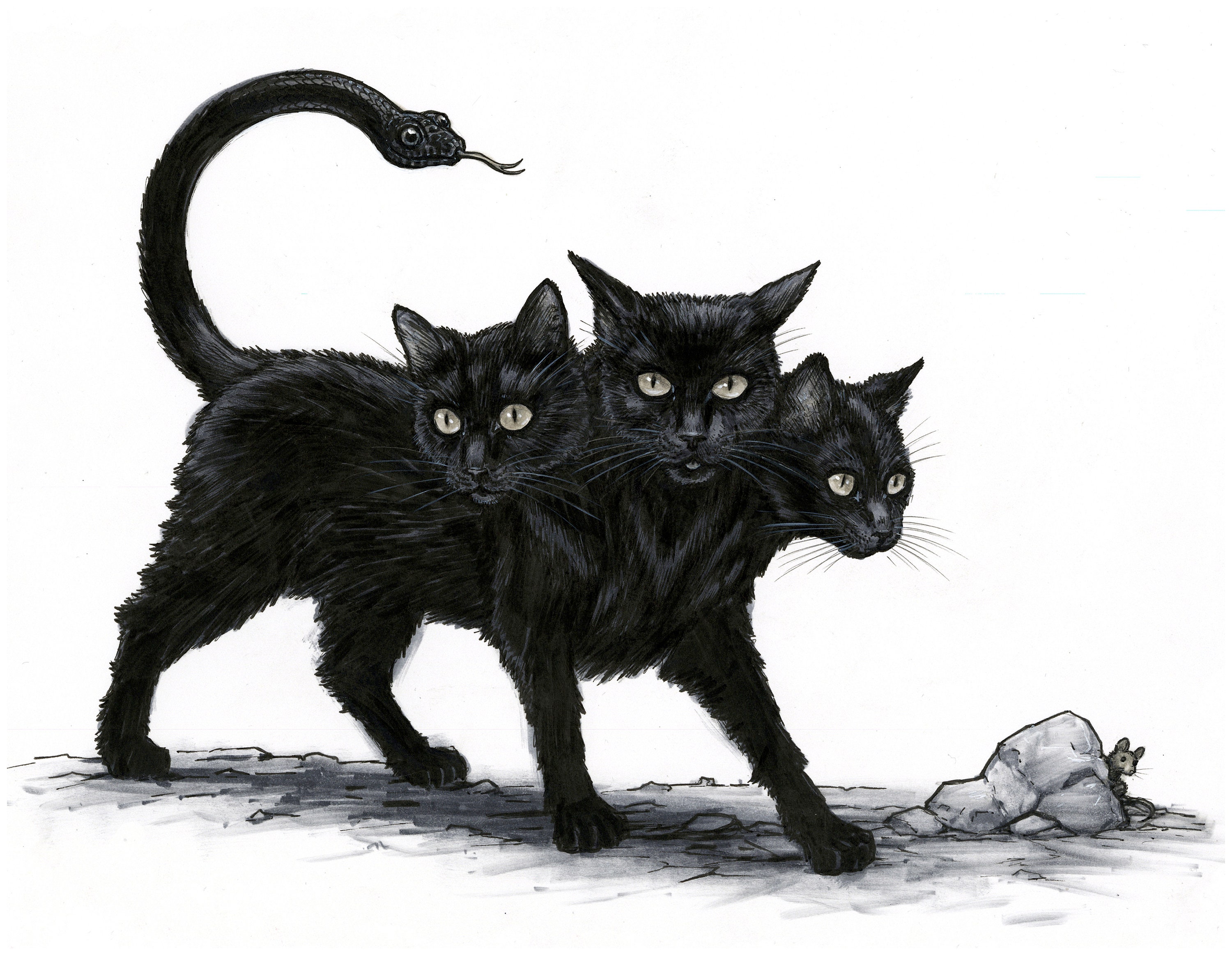 Catpurrus Art Print, Three-headed Cat Snake Tail Illustration (8.5x11 ...
