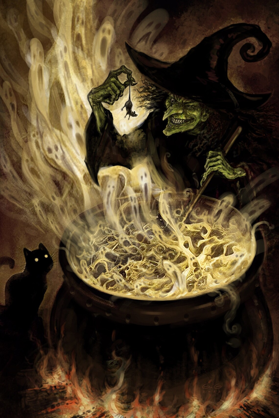 Witch Black Cat Cauldron and Mouse 13x19 - Etsy