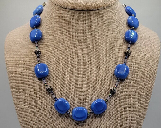 Artisan Handmade Blue Bead Necklace - Sterling Silver Findings ...