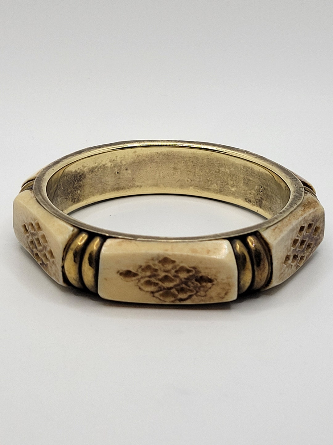 Vintage Horn Bone and Brass Bangle Bracelet Artisan Handmade Mid ...