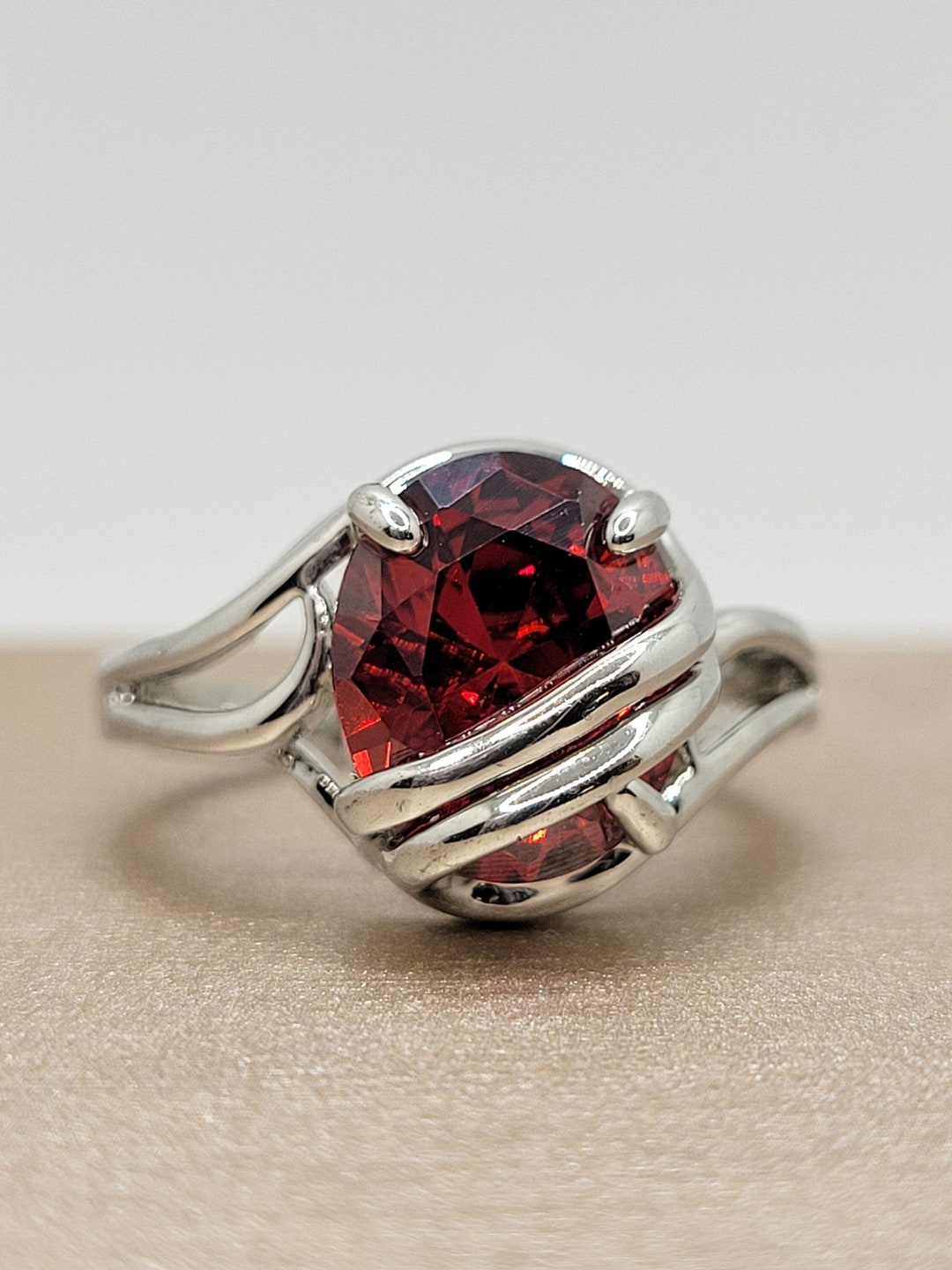 Red CZ Cocktail Ring - Faux Garnet/ruby - Gorgeous Rich Color - Faceted ...
