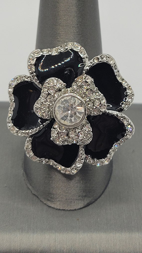 Signed Lia Sophia Black Enamel Crystal Flower Stateme… Gem