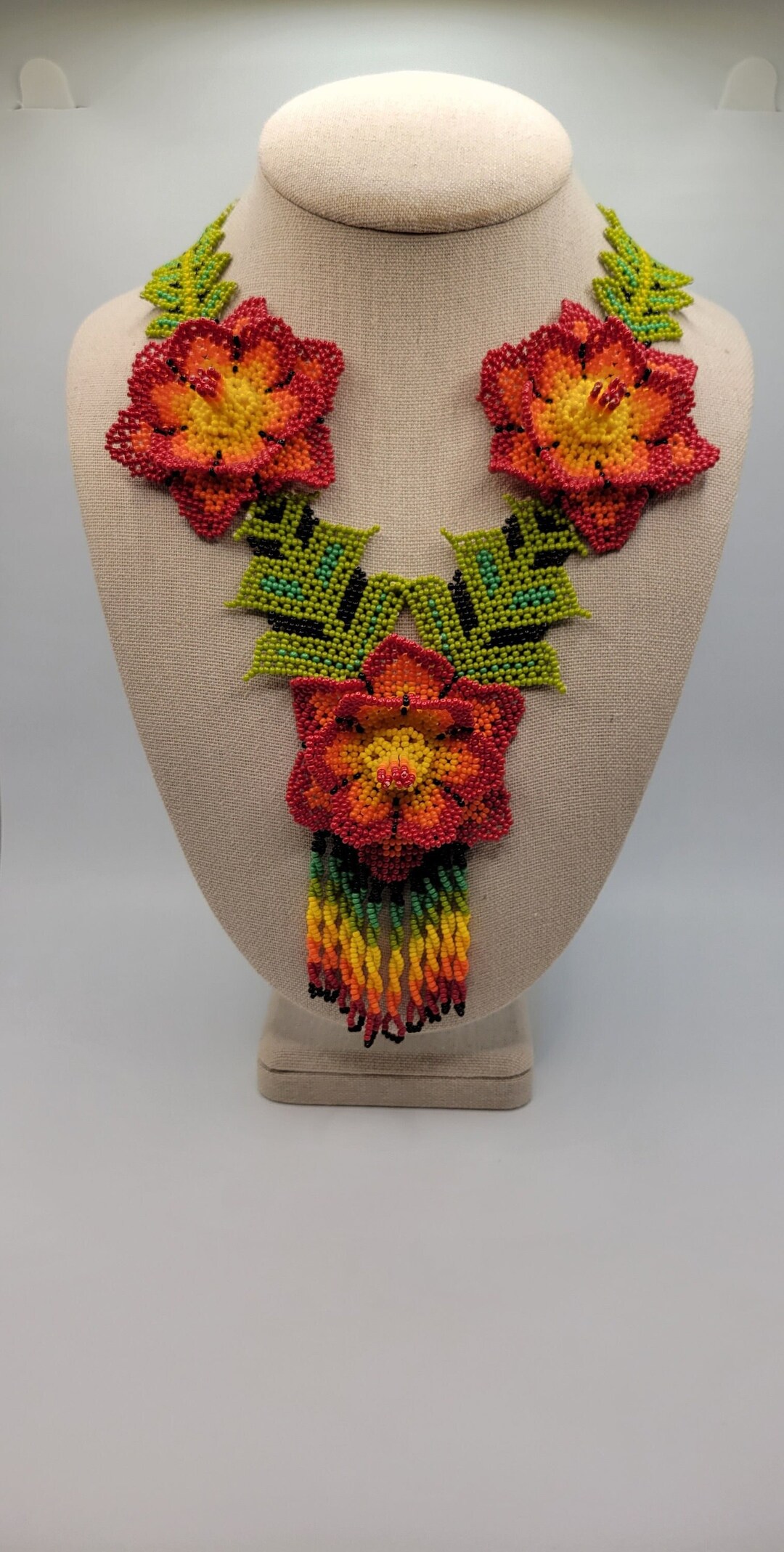 Native American Seed Bead 3D Flower Necklace Artisan Handmade Vibrant ...