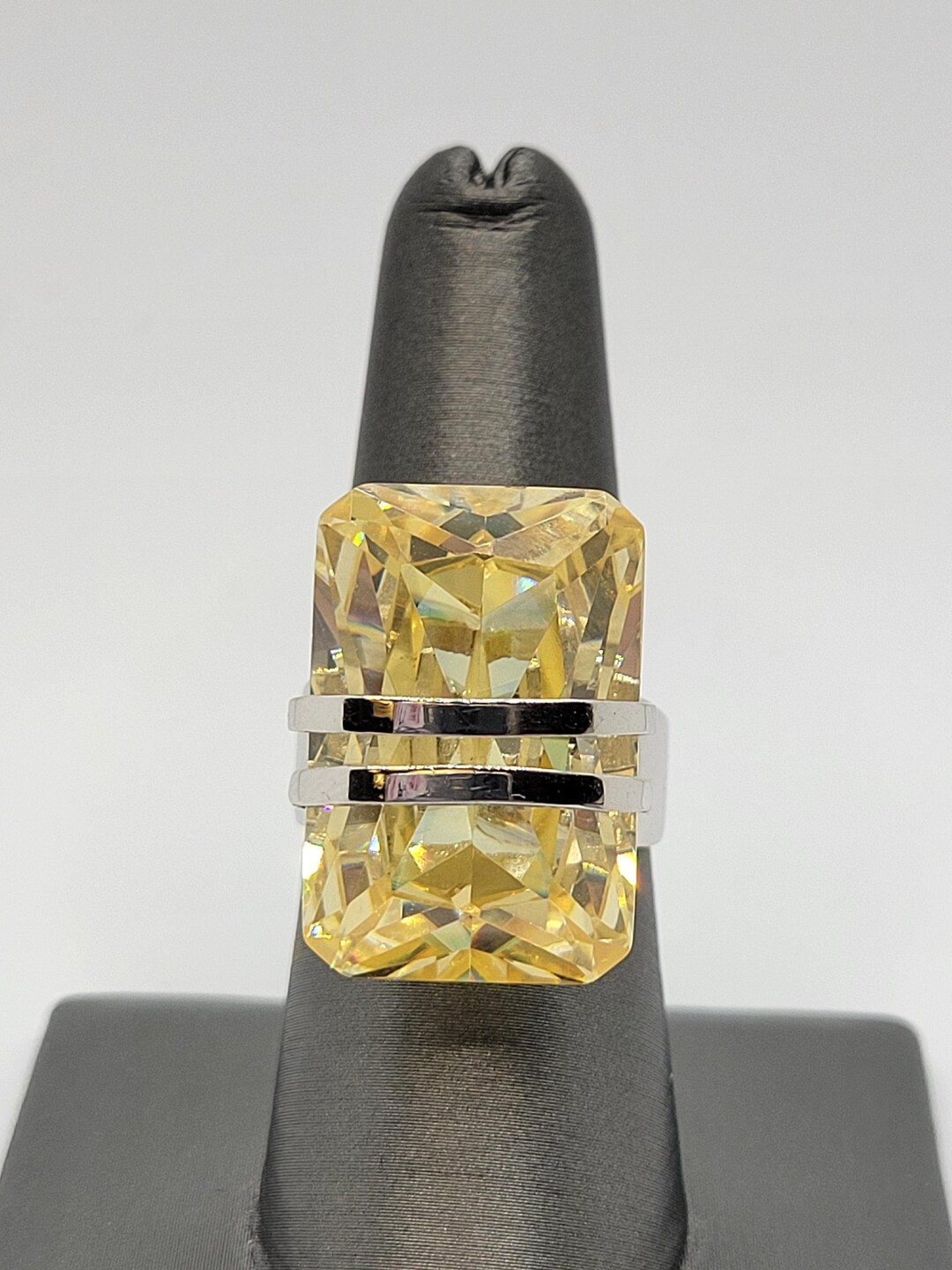 Huge Canary Yellow CZ Statement Cocktail Ring Cubic Zirconia Silvertone ...