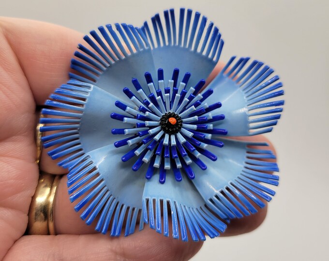 1960s Cornflower Blue Flower Pin - 3D Brooch - Enameled Metal ...