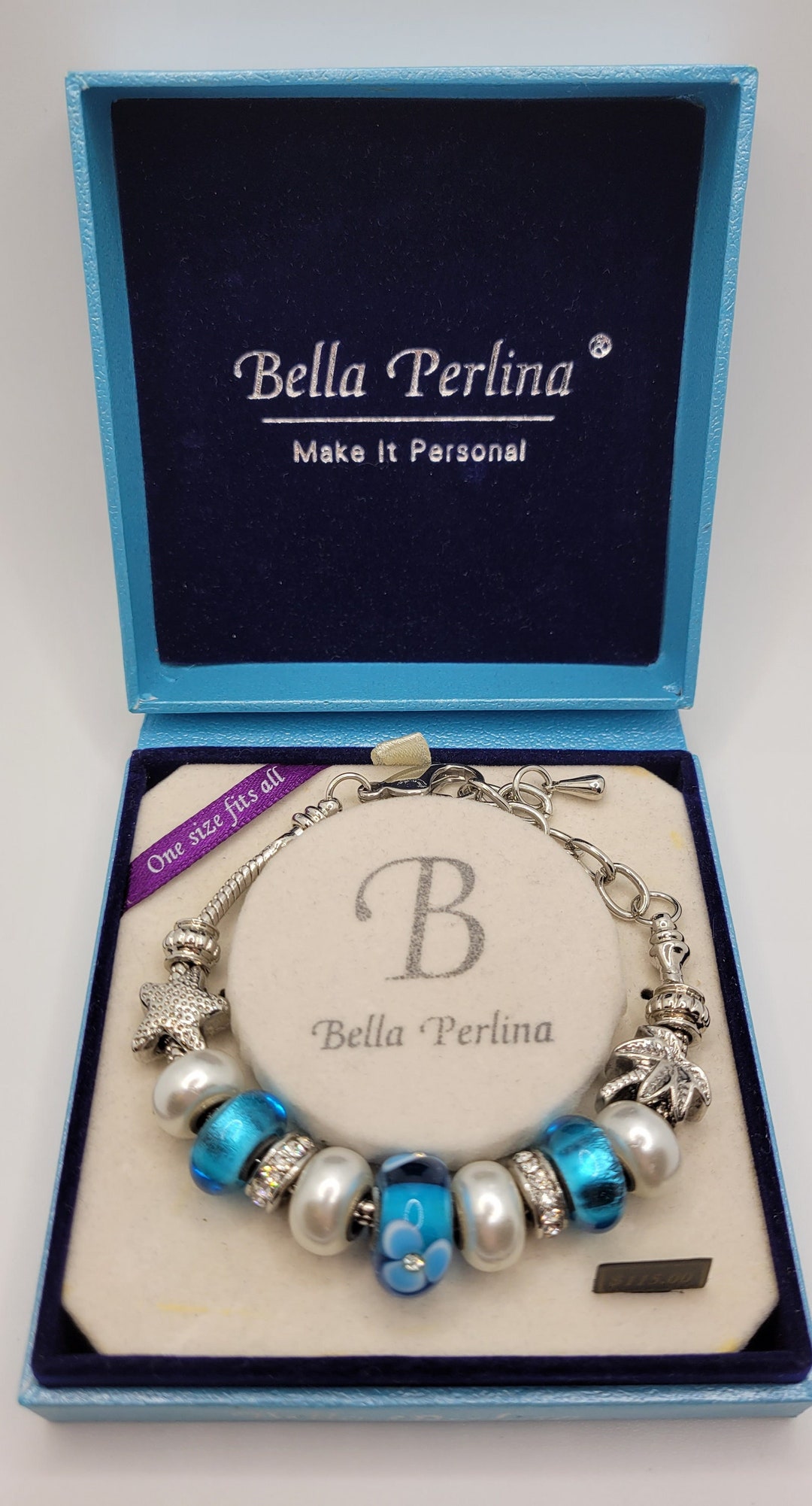 NIB Bella Perlina Charm Beach Theme Bracelet Blue Flower European Glass ...