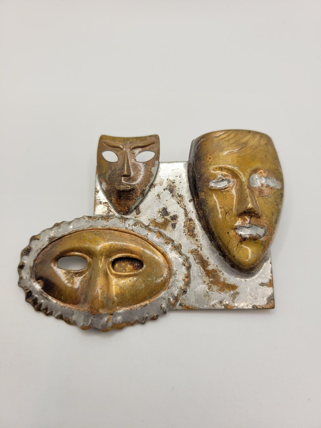 1960s Brutalist Theatrical Mask Brooch - Artisan Handmade - Mixed ...