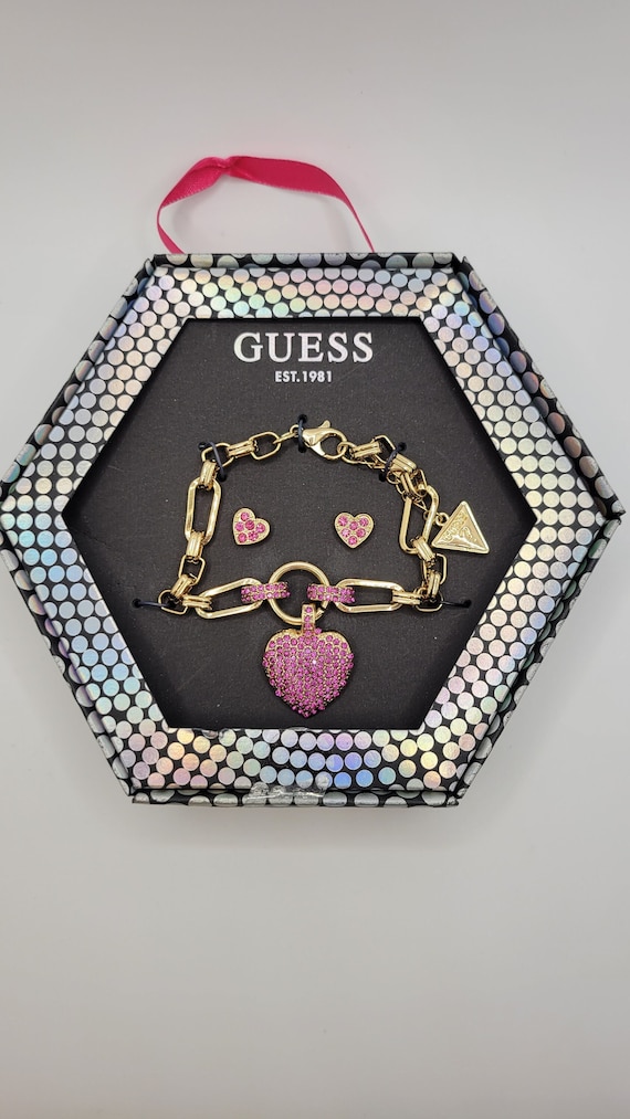 Guess Pink Crystal Heart Earrings and Bracelet Jewelry Set Goldtone Adjustable Post for Pierced Ears Logo Charm Original Box Etsy