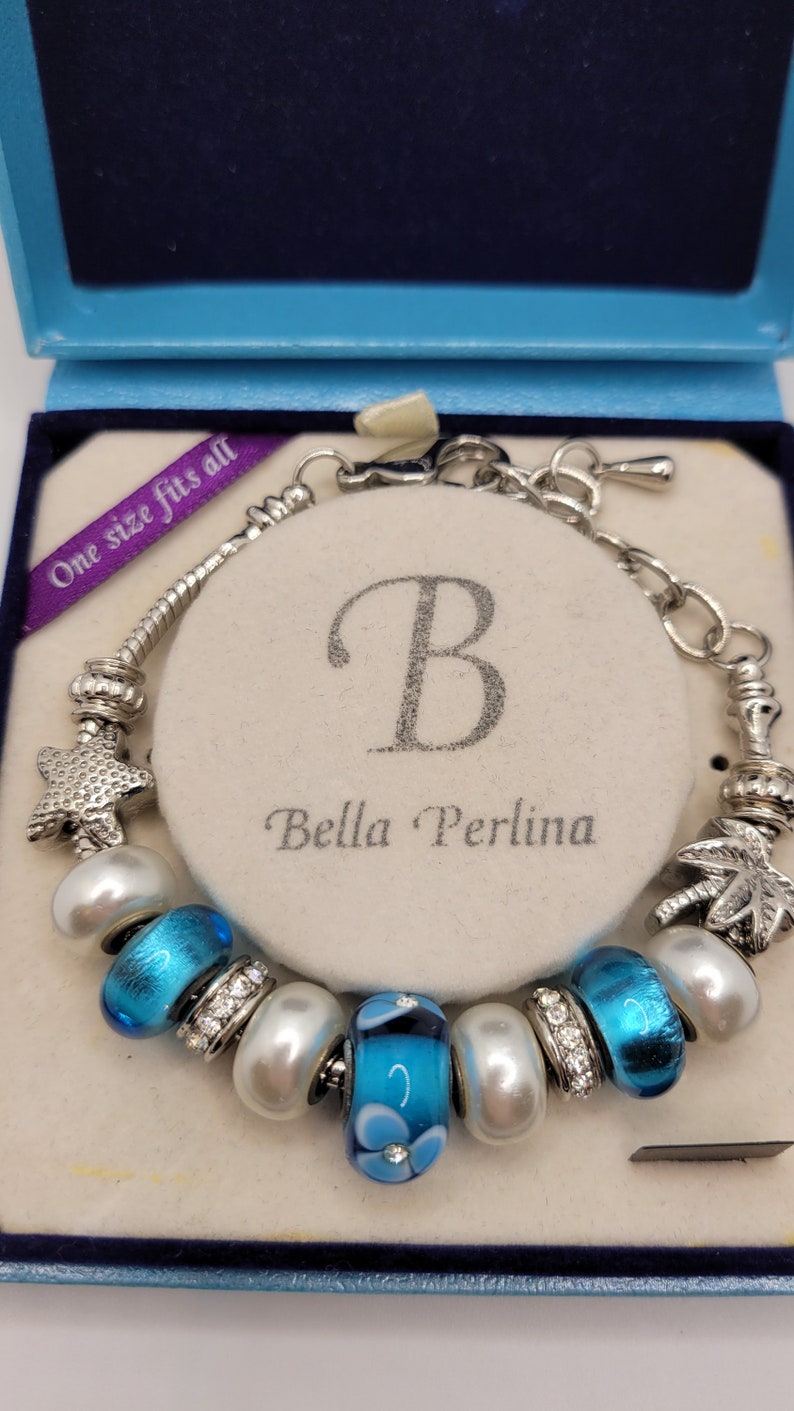 NIB Bella Perlina Charm Beach Theme Bracelet Blue Flower European Glass ...