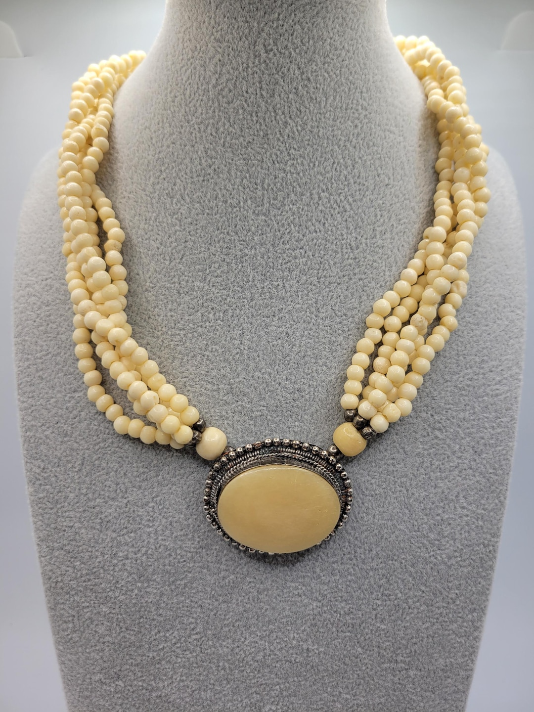 Vintage Carved Bone Necklace - Large Oval Pendant - Round Bone Bead ...