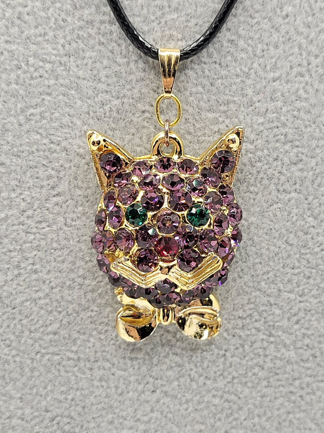 Purple Crystal Cat Pendant Necklace - Swarovski Stones on Goldtone ...