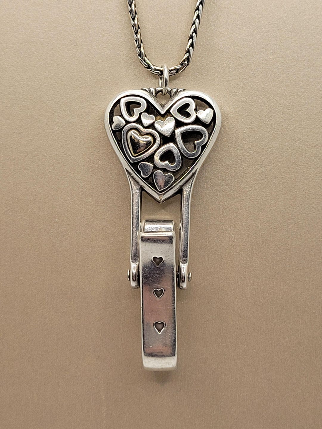 Brighton Floating Heart Lanyard Necklace Badge Clip Silver Plated Super ...