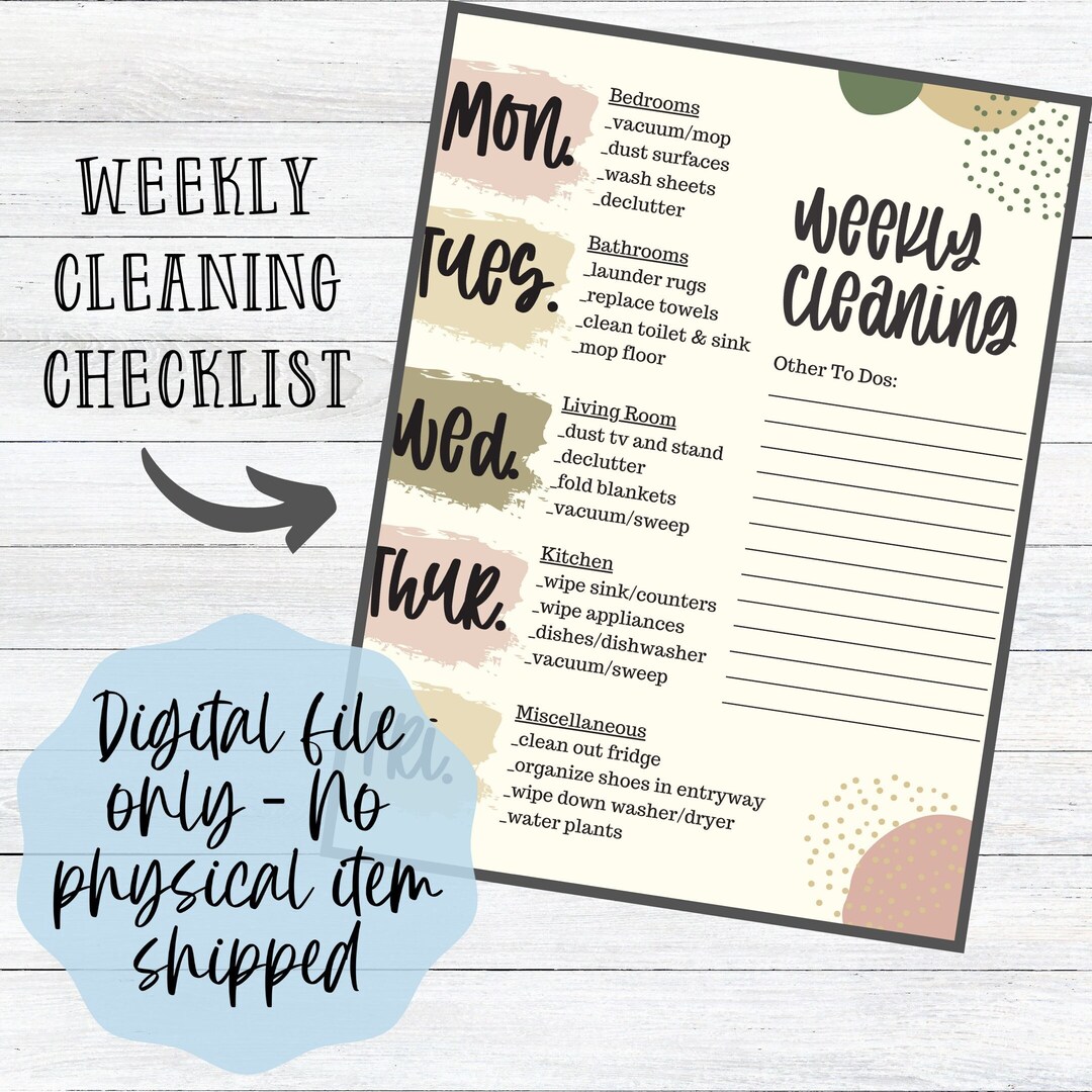 Weekly Cleaning Chart, Monday Through Friday Cleaning Chores, Cleaning ...