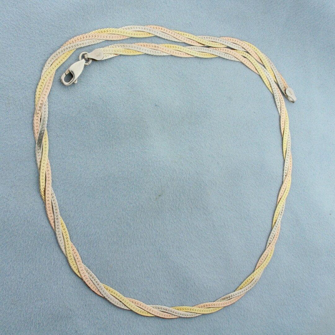 Italian Tri Color Braided Herringbone Necklace in Gold Plated Sterling ...