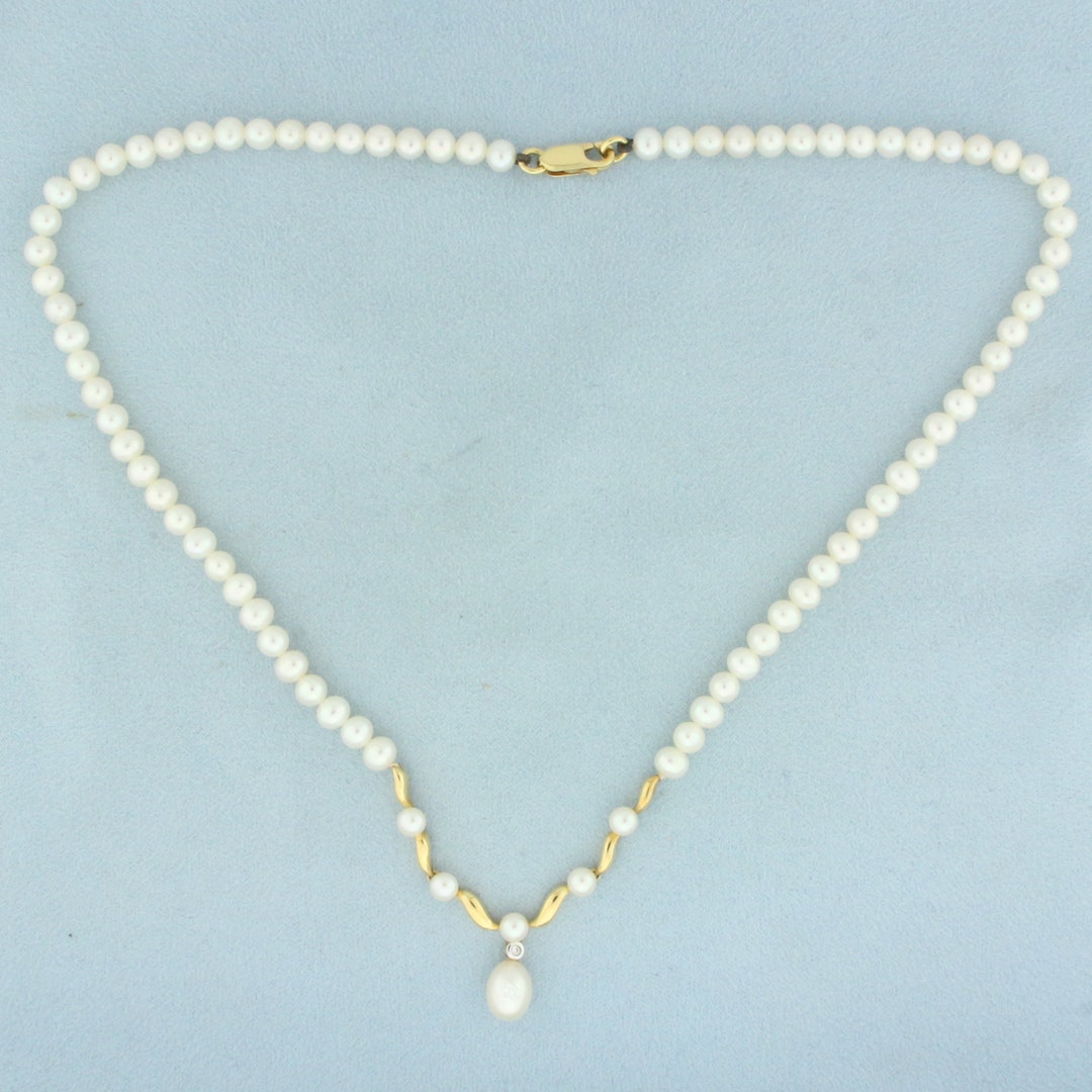 Mikura Pearl and Diamond Necklace in 18k Yellow Gold - Etsy