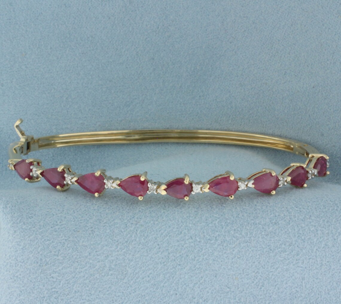 Ruby and Diamond Hinged Bangle Bracelet in 14k Yellow Gold - Etsy