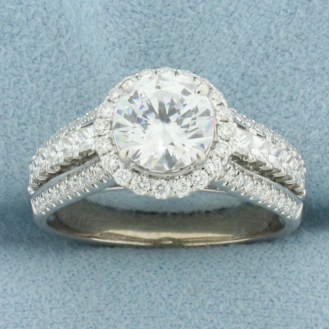 Simon G. Diamond and CZ Halo Engagement Ring in 18k White Gold - Etsy