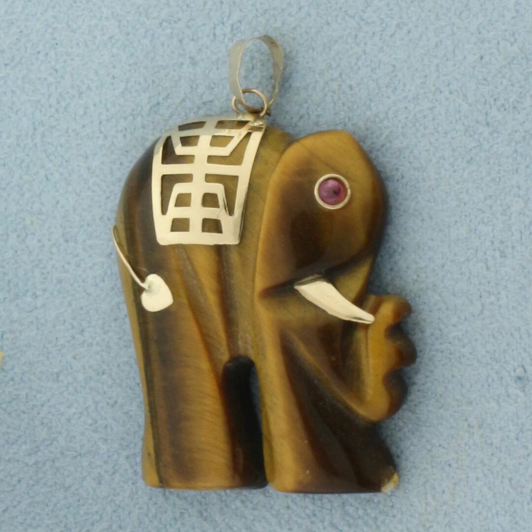 Chinese Good Luck Tigers Eye and Ruby Elephant Pendant in 14k Yellow ...