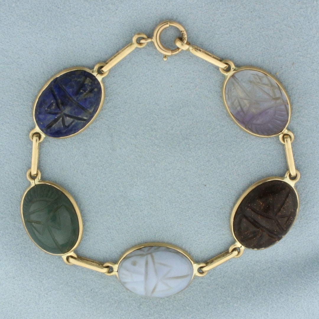 Hand Carved Gemstone Scarab Bracelet in 14k Yellow Gold - Etsy