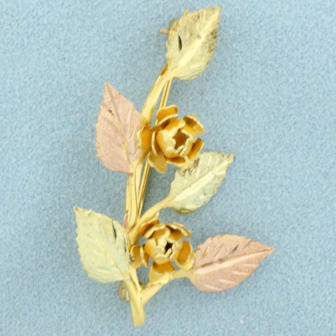 Black Mills Gold Tri-color Rose Flower Pin in 10K Yellow, Rose, and ...