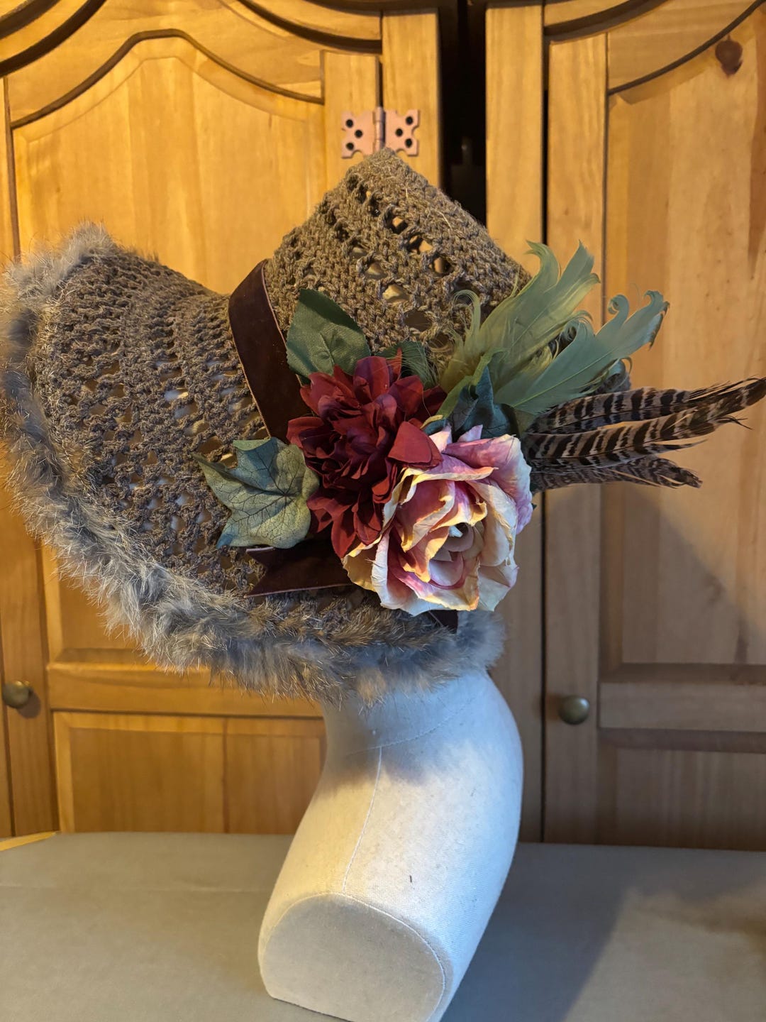 Regency Style Fur Trimmed Bonnet. Hand Made Poke Bonnet in Biscuit ...