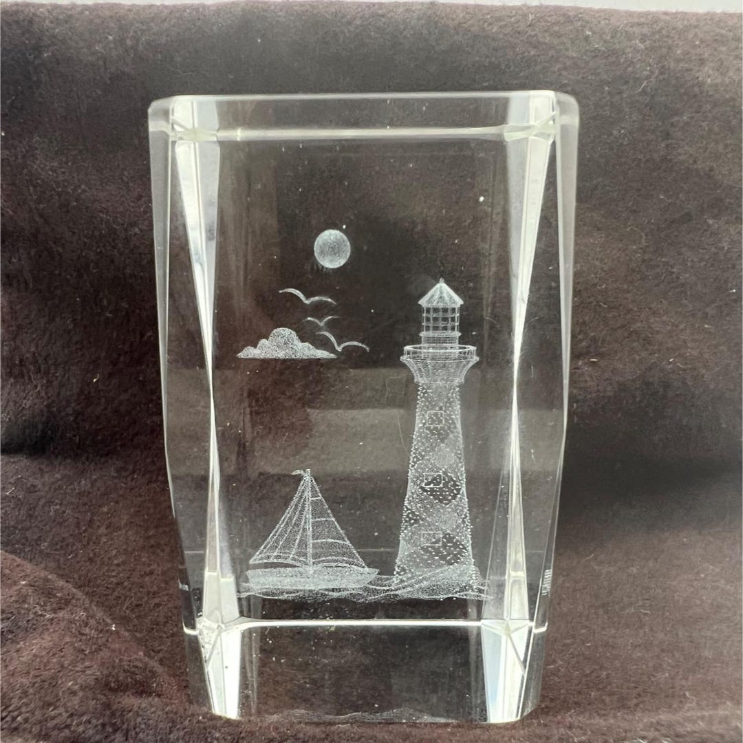 Laser Etched Crystal Cube Paperweight With Lighthouse & Sailboat Design ...