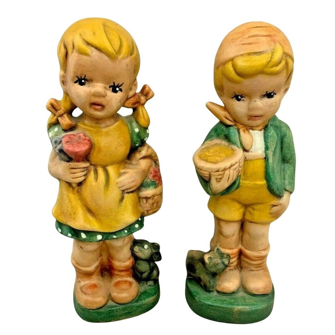 Boy and Girl Ceramic Figurines W/ Pig & Bunny Rabbit 8" Tall Hollow - Etsy